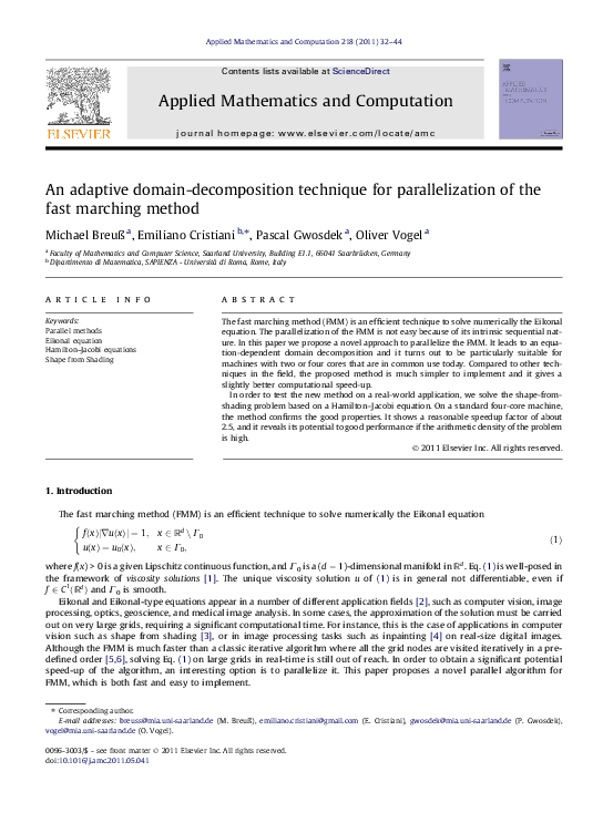(PDF) An adaptive domain-decomposition technique for parallelization of the fast marching method