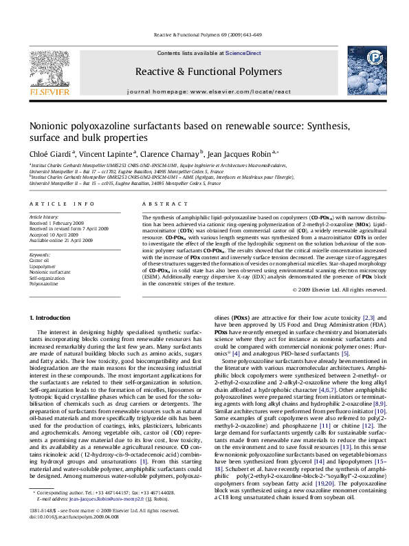 (PDF) Nonionic polyoxazoline surfactants based on renewable source ...