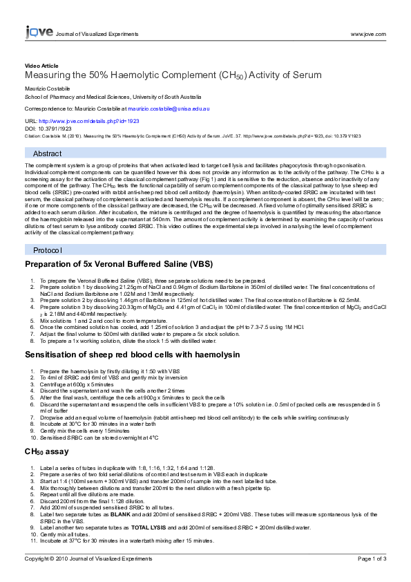(PDF) Measuring the 50% Haemolytic Complement (CH 50 ) Activity of Serum