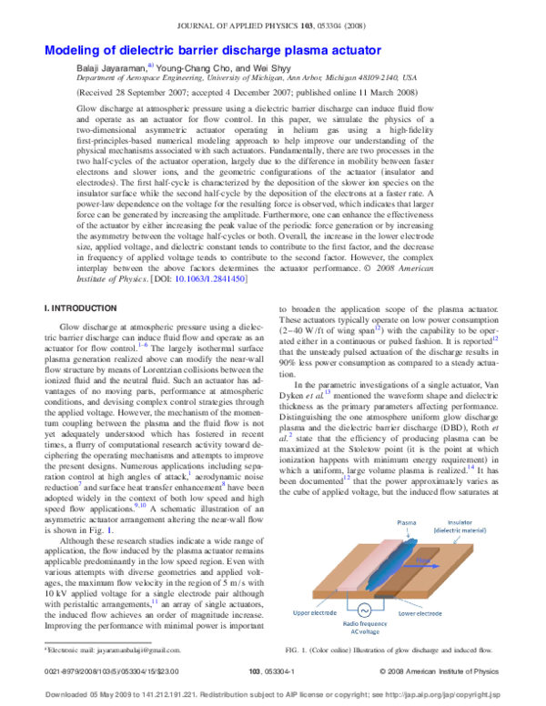 (PDF) Modeling of dielectric barrier discharge plasma actuator