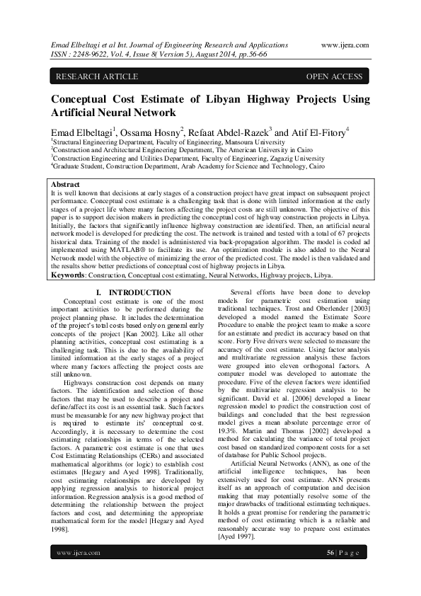 Pdf Conceptual Cost Estimate Of Libyan Highway Projects Using Artificial Neural Network