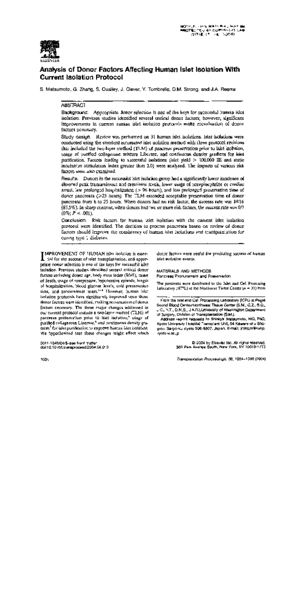 (PDF) Analysis of donor factors affecting human islet isolation with current isolation protocol