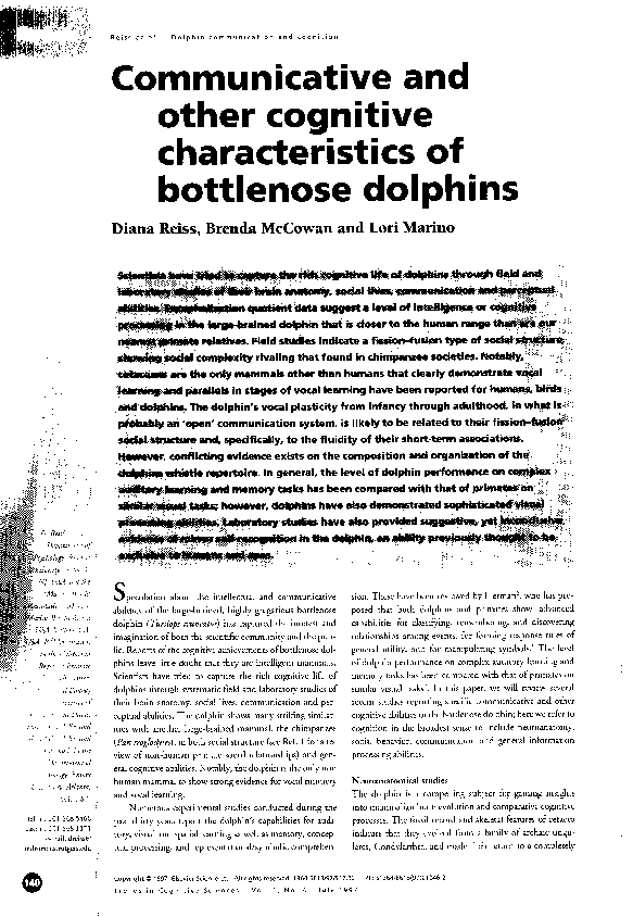 (PDF) Communicative and other cognitive characteristics of bottlenose ...