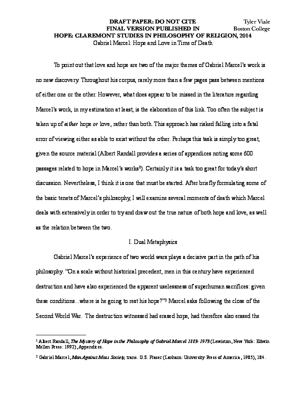 (PDF) Gabriel Marcel: Hope and Love in Time of Death