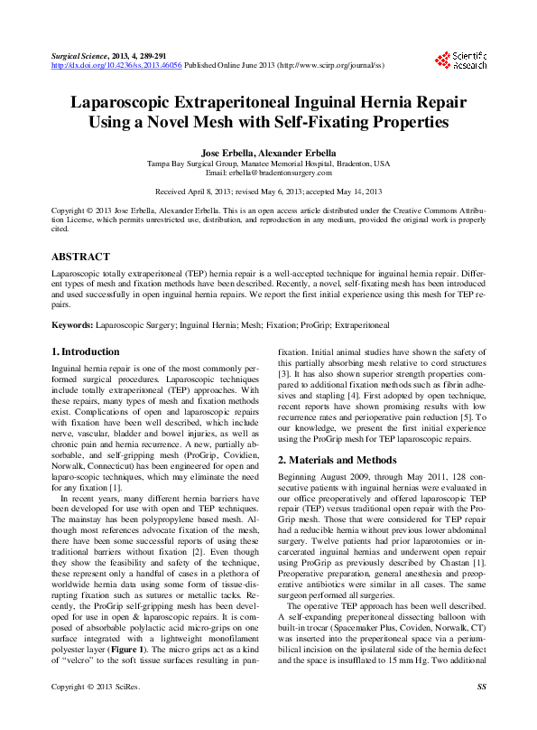 (PDF) Laparoscopic Extraperitoneal Inguinal Hernia Repair Using a Novel Mesh with Self-Fixating ...