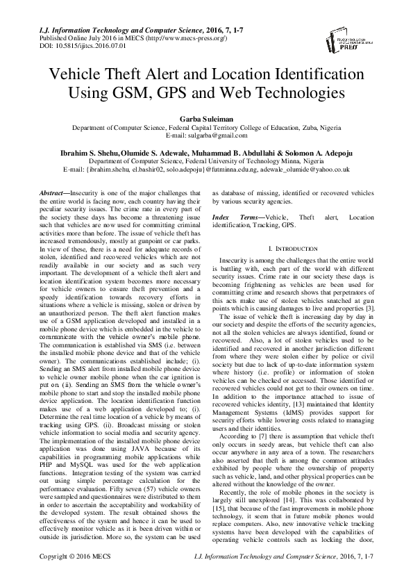 (PDF) Vehicle Theft Alert and Location Identification Using GSM, GPS ...