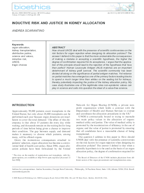 (PDF) INDUCTIVE RISK AND JUSTICE IN KIDNEY ALLOCATION