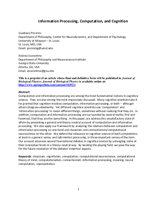 Pdf Information Processing Computation And Cognition