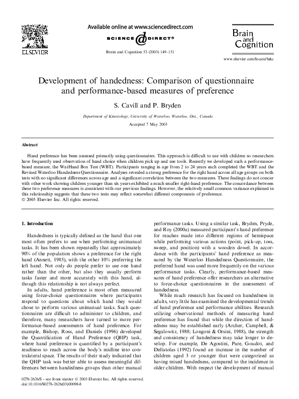(PDF) Development of handedness: Comparison of questionnaire and ...