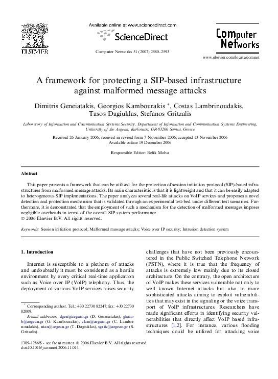 (PDF) A framework for protecting a SIP-based infrastructure against malformed message attacks