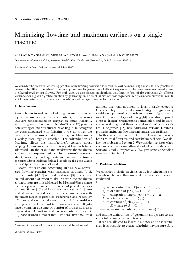 (PDF) Minimizing flowtime and maximum earliness on a single machine