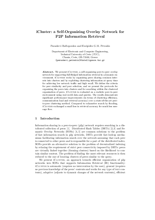 (PDF) iCluster: A Self-organizing Overlay Network for P2P Information Retrieval