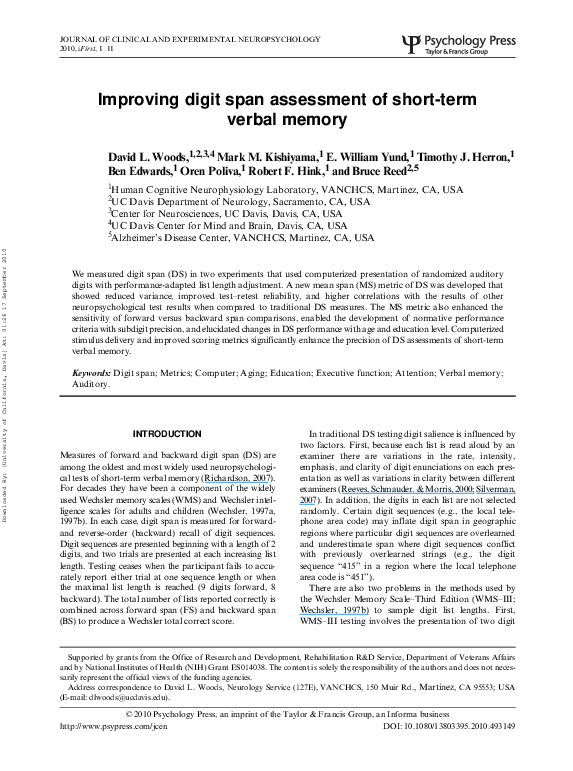 (PDF) Improving digit span assessment of short-term verbal memory