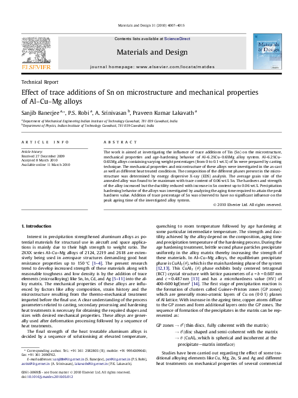 (PDF) Effect of trace additions of Sn on microstructure and mechanical properties of Al–Cu–Mg alloys