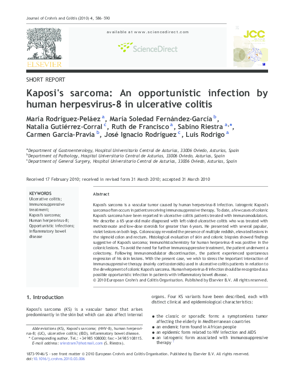 (PDF) Kaposi's sarcoma: An opportunistic infection by human herpesvirus-8 in ulcerative colitis