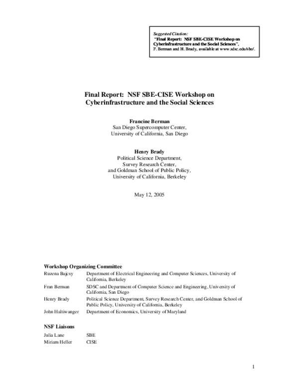 (PDF) Final Report: NSF SBE-CISE Workshop on Cyberinfrastructure and the Social Sciences ...