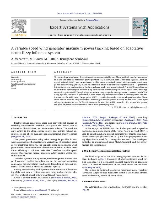 (PDF) A variable speed wind generator maximum power tracking based on adaptative neuro-fuzzy ...