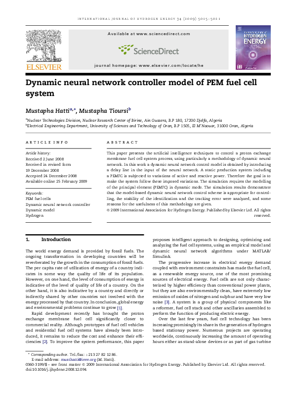 (PDF) Dynamic neural network controller model of PEM fuel cell system