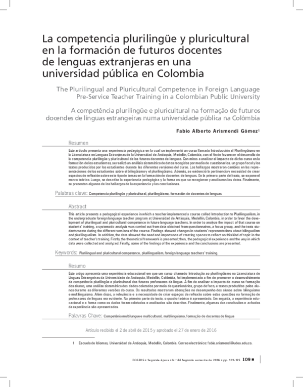 (PDF) La competencia plurilingüe y pluricultural en la formación de ...