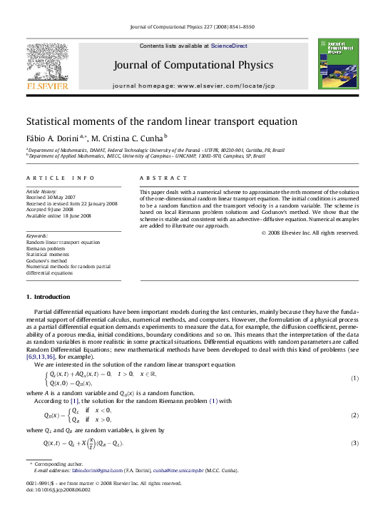 Pdf Statistical Moments Of The Random Linear Transport Equation