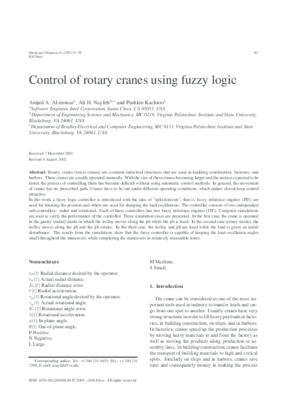 (PDF) Control of Rotary Cranes Using Fuzzy Logic