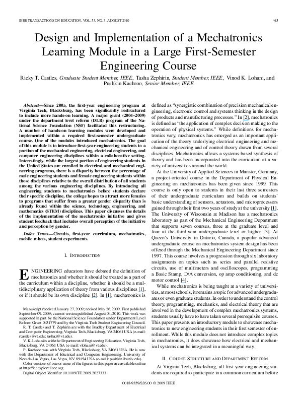 Pdf Design And Implementation Of A Mechatronics Learning Module In A Large First Semester