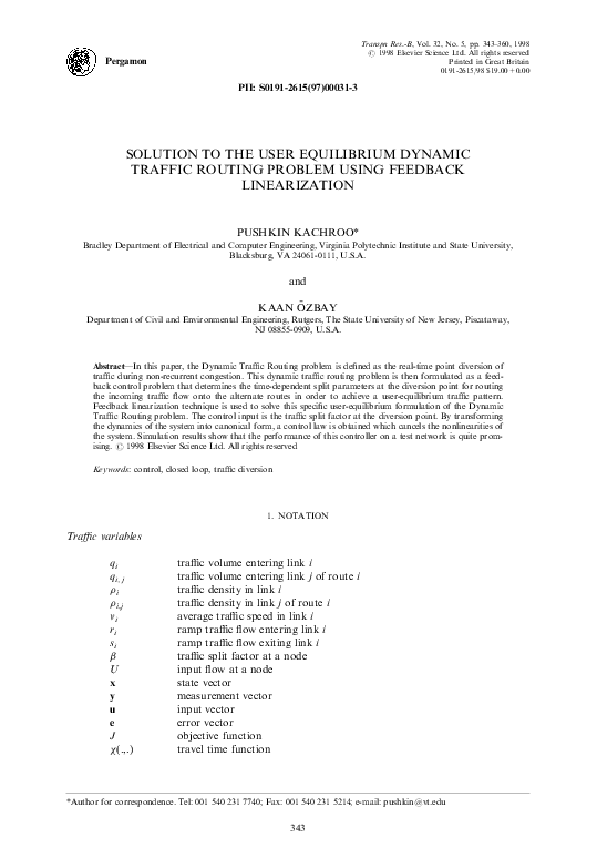 Pdf Solution To The User Equilibrium Dynamic Traffic Routing Problem Using Feedback Linearization
