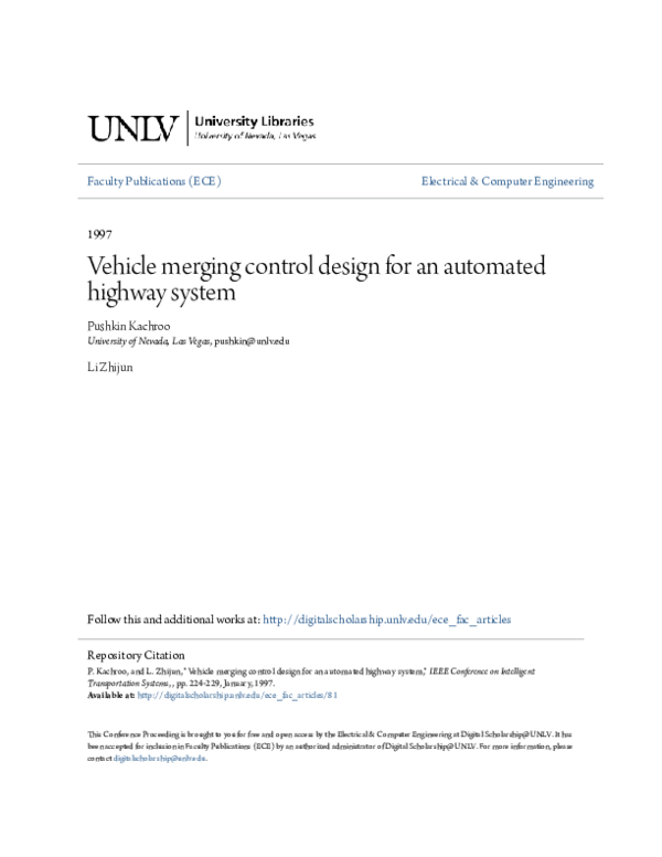 (PDF) Vehicle merging control design for an automated highway system
