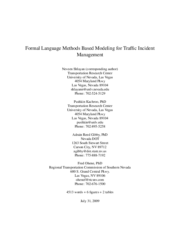 (PDF) Formal Language Methods Based Modeling for Traffic Incident ...