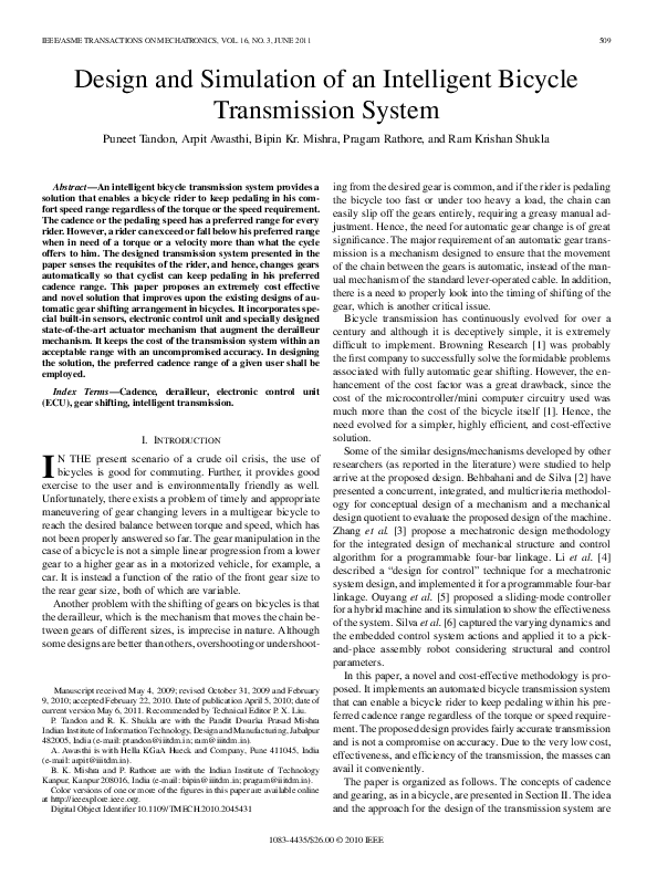 (PDF) Design and Simulation of an Intelligent Bicycle Transmission System