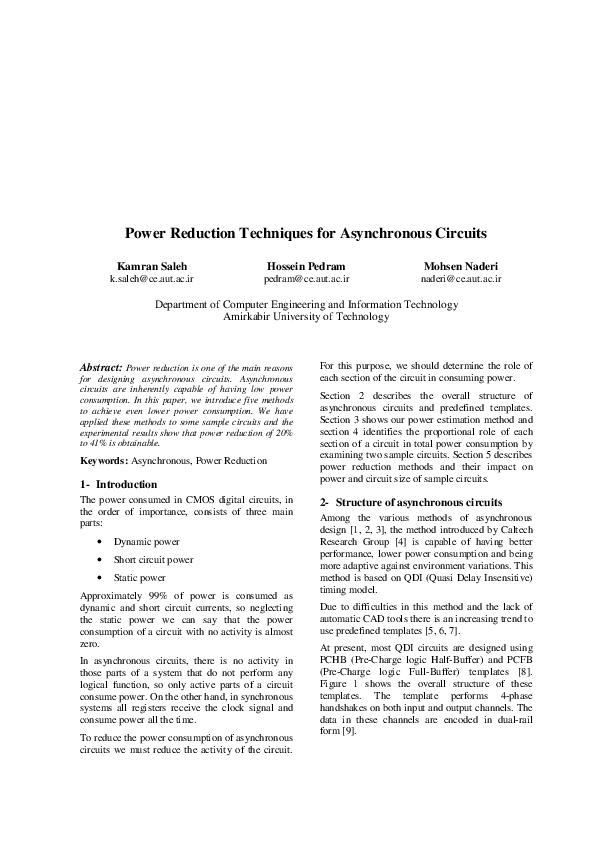 Pdf Power Reduction Techniques For Asynchronous Circuits
