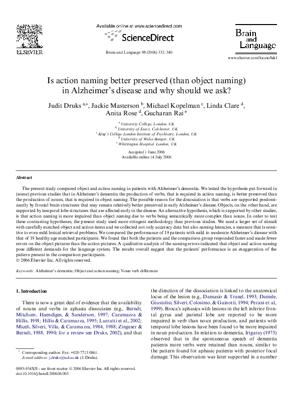 Pdf Is Action Naming Better Preserved Than Object Naming In Alzheimers Disease And Why