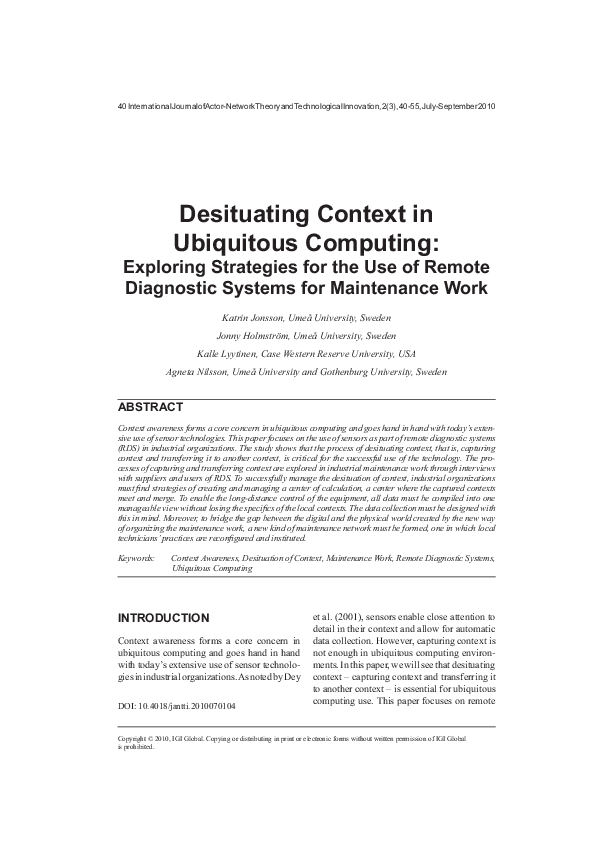 (PDF) Desituating Context in Ubiquitous Computing: Exploring Strategies for the Use of Remote ...