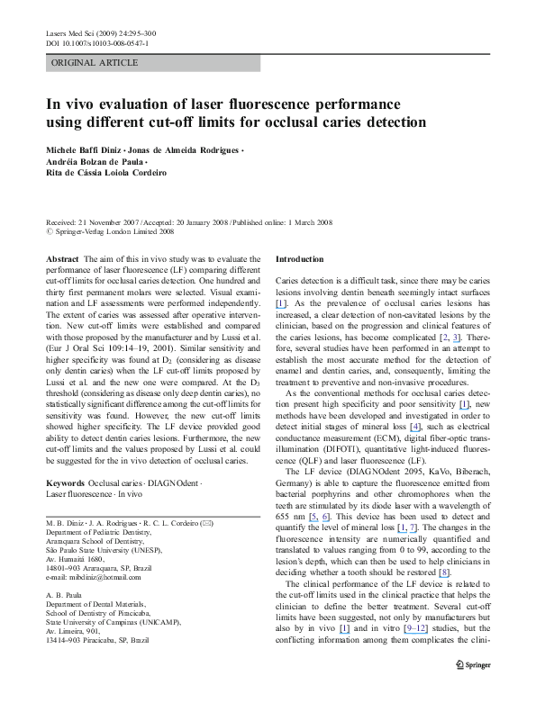 Pdf In Vivo Evaluation Of Laser Fluorescence Performance Using Different Cut Off Limits For