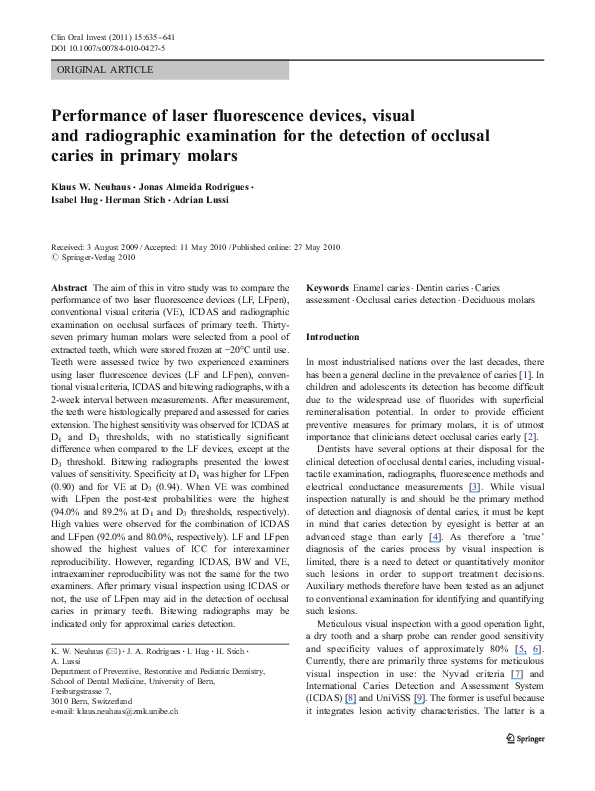 Pdf Performance Of Laser Fluorescence Devices Visual And Radiographic Examination For The