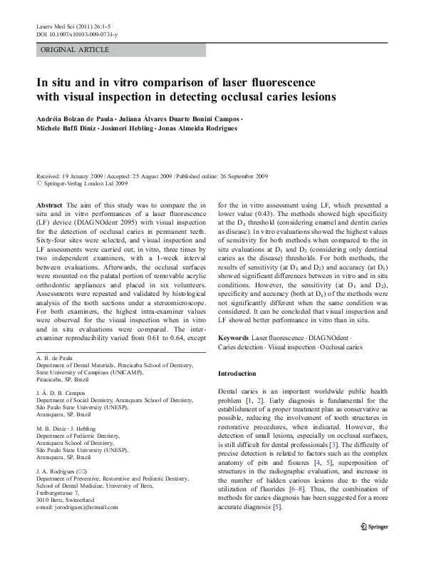 Pdf In Situ And In Vitro Comparison Of Laser Fluorescence With Visual Inspection In Detecting