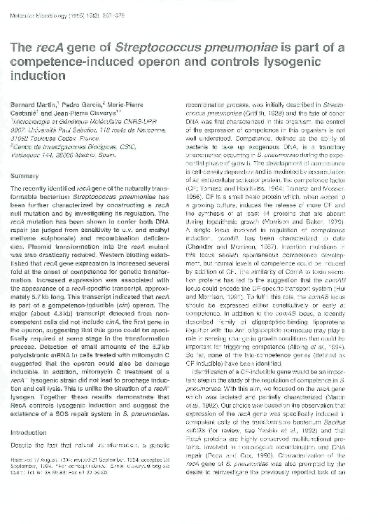 (PDF) The recA gene of Streptococcus pneumoniae is part of a competence ...