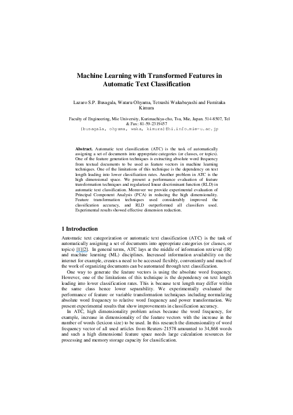(PDF) Machine Learning with Transformed Features in Automatic Text Classification