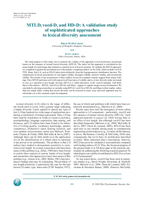 (PDF) MTLD, vocd-D, and HDD: A validation study of sophisticated ...