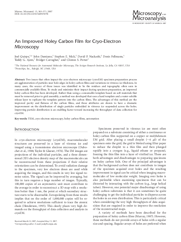 (PDF) An Improved Holey Carbon Film for Cryo-Electron Microscopy