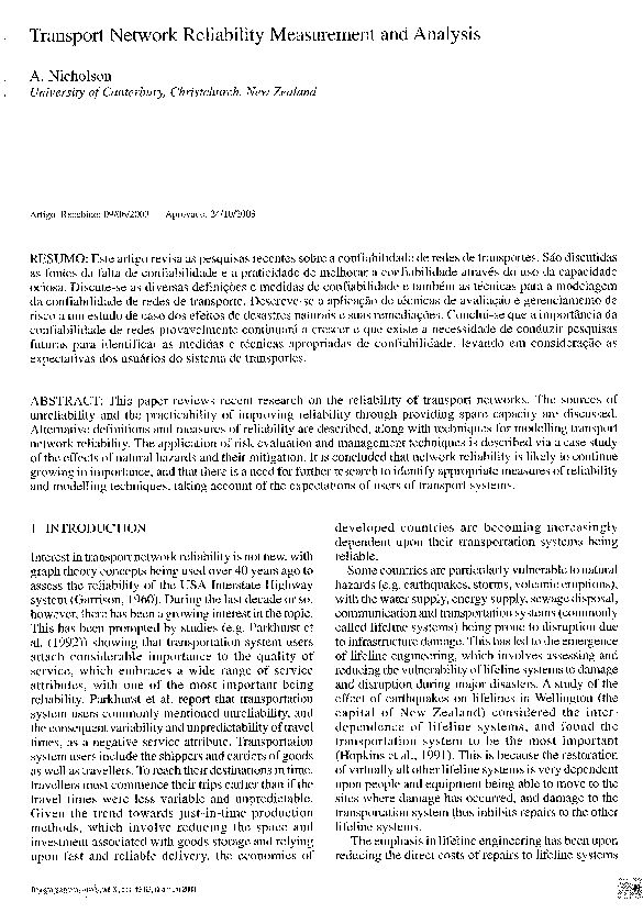 (PDF) Transport Network Reliability Measurement and Analysis