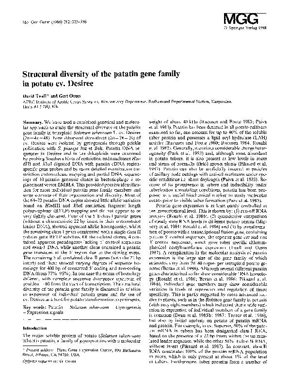 (PDF) Structural diversity of the patatin gene family in potato cv. Desiree