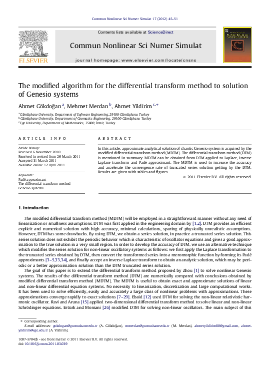 Pdf The Modified Algorithm For The Differential Transform Method To Solution Of Genesio Systems