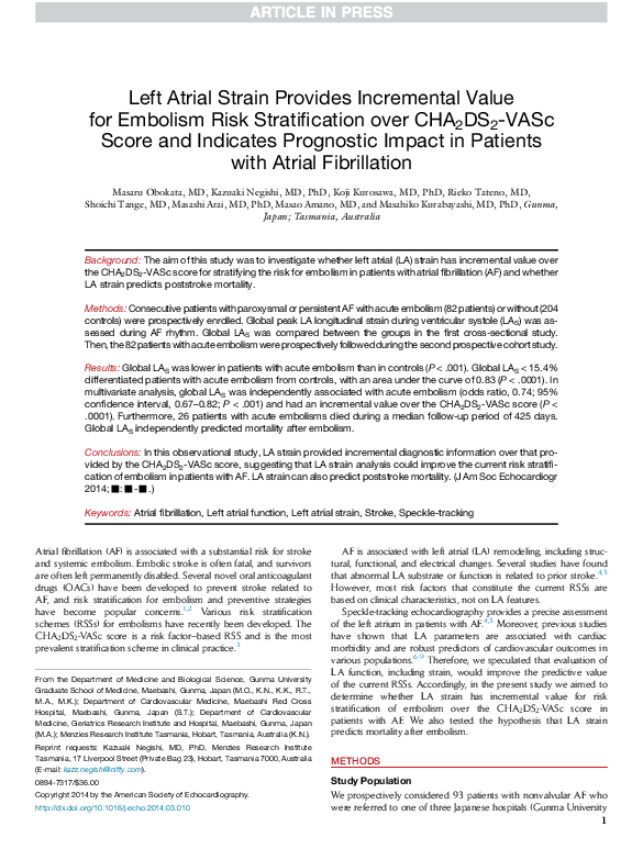 (PDF) Left Atrial Strain Provides Incremental Value for Embolism Risk ...