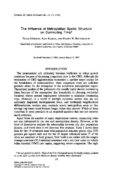 (PDF) The influence of metropolitan spatial structure on commuting time
