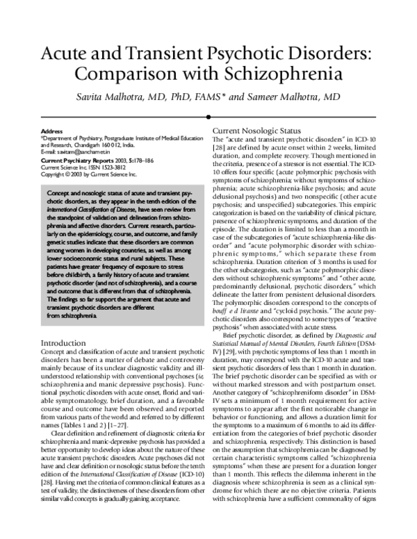 (PDF) Acute and transient psychotic disorders: Comparison with ...