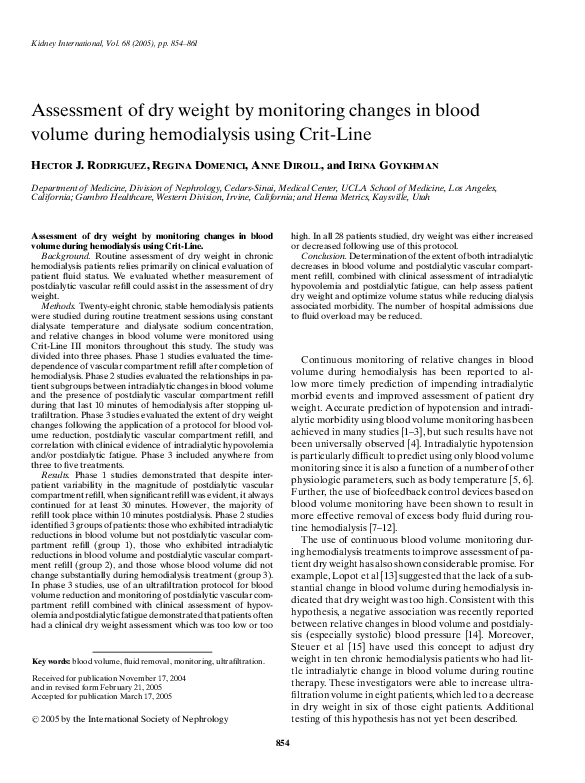 (PDF) Assessment of dry weight by monitoring changes in blood volume ...