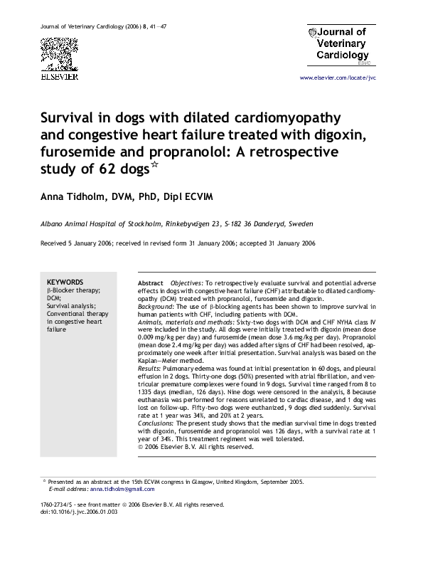 (PDF) Survival in dogs with dilated cardiomyopathy and congestive heart ...