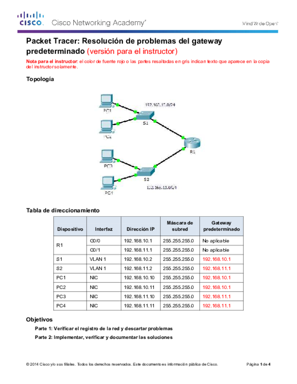 (PDF) Packet Tracer - Troubleshooting Default Gateway Issues Instructions IG