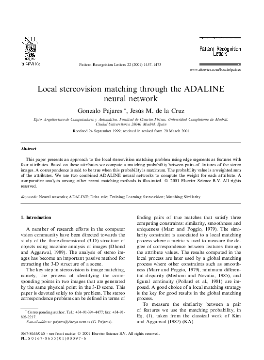 (PDF) Stereovision Matching Using ADALINE Networks